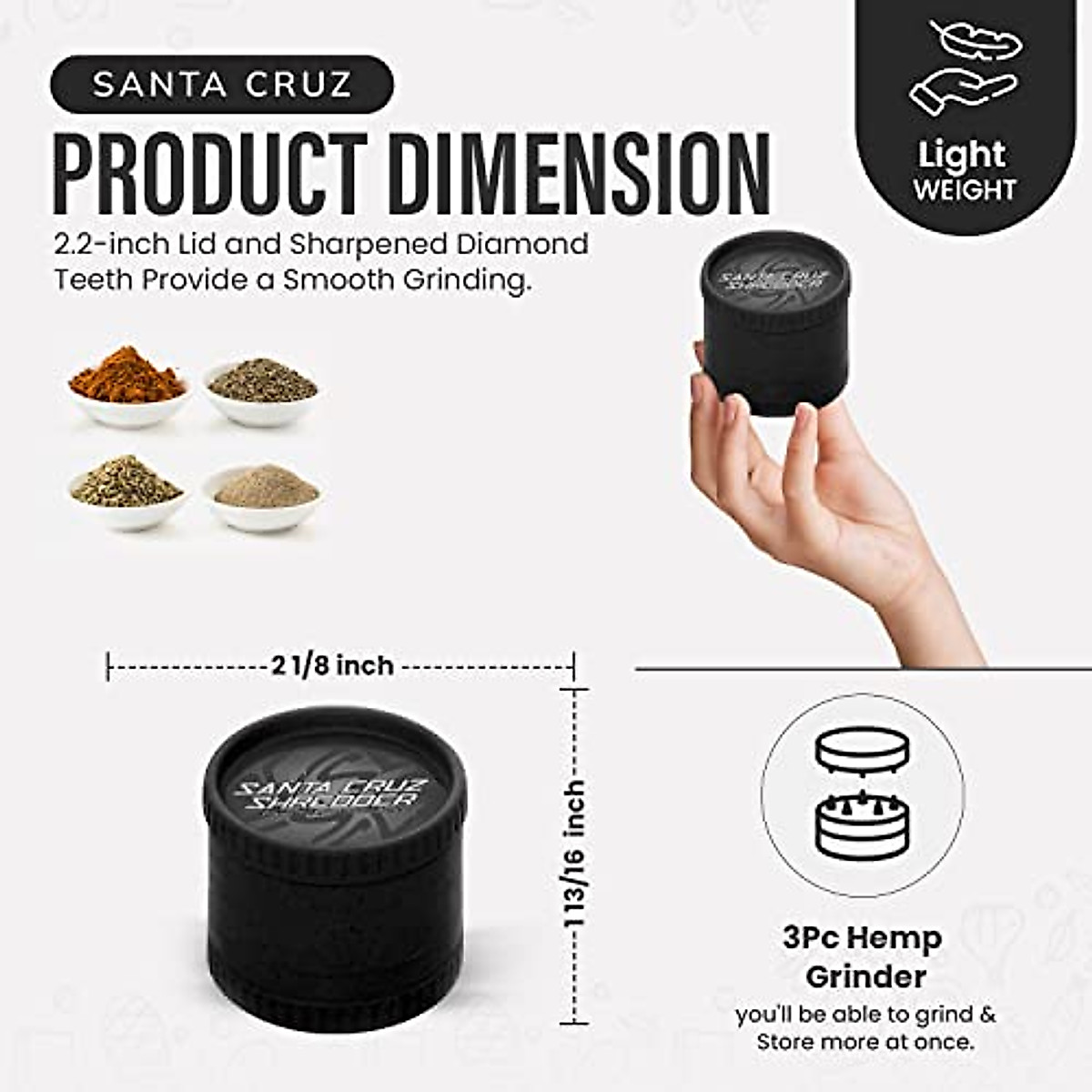 Santa Cruz Shredder Hemp Grinder for Herbs Knurled Top for Stronger Grip 3-Piece 2.2" (Black)