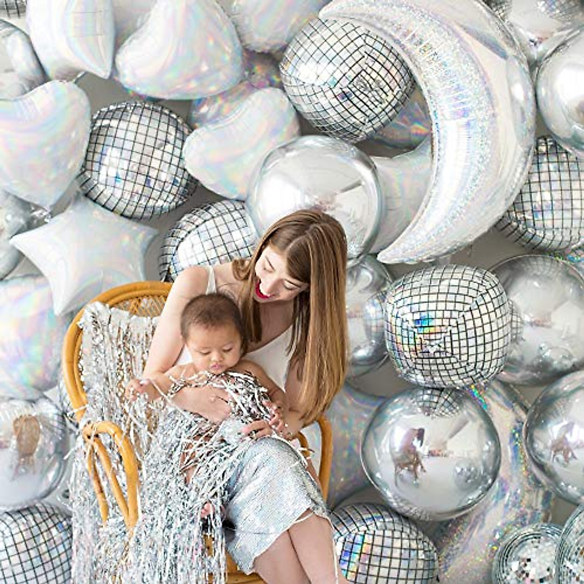 4Pcs 22inch Silver Disco Ball Balloon Party 4D Large Round Inflatable Sphere Shaped Aluminum Foil Mirror Balloon Birthday Grad Party Wedding Baby Shower Marriage Graduation Decor Supplies