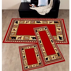 Furnish my Place 631 Red 3 PCS Wildlife Bear Rustic Moose Decor Lodge Cabin Area Rug, Elegant and Durable Mat, Red