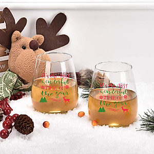 Futtumy It's the Most Wonderful Time of the Year Stemless Wine Glass 15oz, Unique Christmas Wine Glass for Men Women Mom Dad Wife Husband Friend on Christmas Birthday Wedding, Set of 2