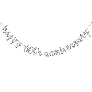 INNORU Glitter Silver Happy 60th Anniversary Banner - Sixty Sign - 60th Birthday Banner - 60th Wedding Anniversary Party Bunting Decoration