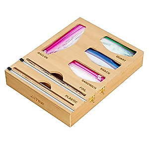 AITEE 2 in 1 Ziplock Bag Storage and Foil Organizer, Plastic Wrap Dispenser with Cutter for Kitchen Drawer, Bamboo Wood Ziplock Food Bag Storage Organizer for Gallon, Slider Quart, Sandwich and Snack