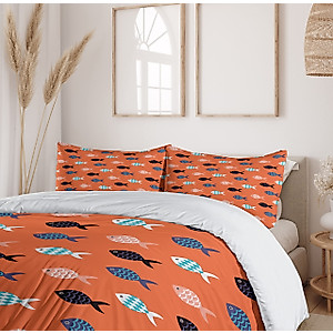 Ambesonne Peach Duvet Cover Set, Fishes Motif Nautical Marine Sea Underwater Creature Animal Aquarium, Decorative 2 Piece Bedding Set with 1 Pillow Sham, Twin Size, Coral Blue