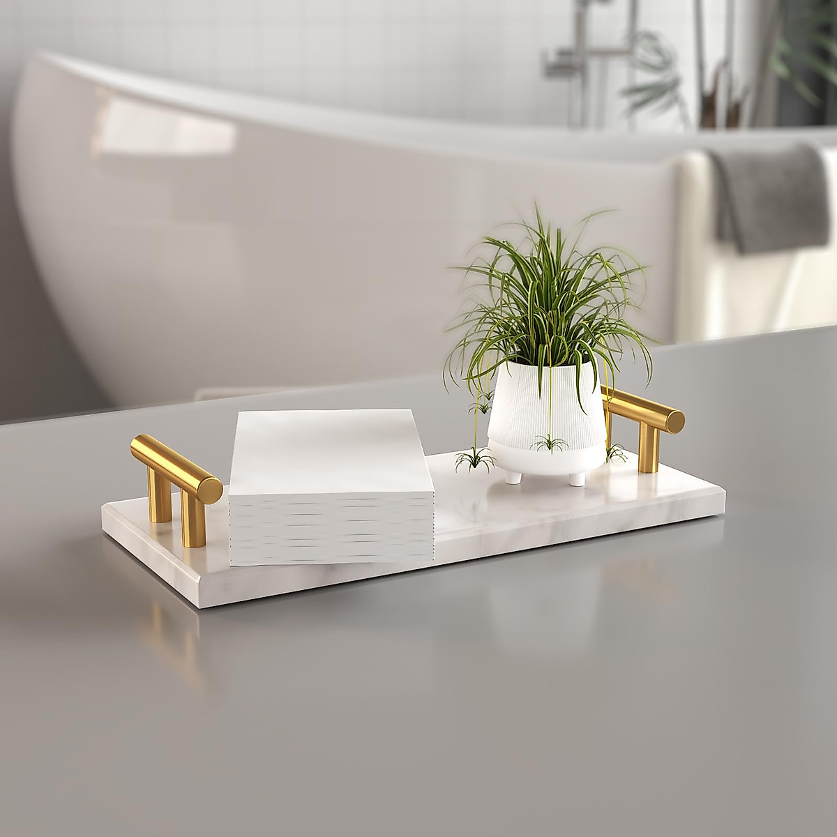 XZHXFX Guest Towel Holder Tray for Bathroom,Marble Tray with Handles -Napkin Holder for Bathroom & Kitchen - Bathroom Tray -Toilet Paper Organizer,Tray for Living Room & Cosmetic(Gold,Small)