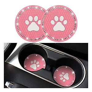 2PCS Universal Bling Car Cup Coaster, Rhinestone Car Accessories, 2.75 inch Dog Paw Car Cup Holder Insert Mat Pad Set,Suitable for Most Car Interior (Dark Pink)