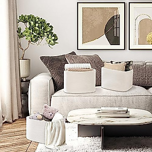 MEGASKET White Baskets for Organizing Set 3, 14.9" X 9.4" X 8.6" Cotton Rope Woven Baskets with Handles, Shelves White Wicker Storage Baskets, Baby Kids Closet Organizer Storage Bins, Cream White