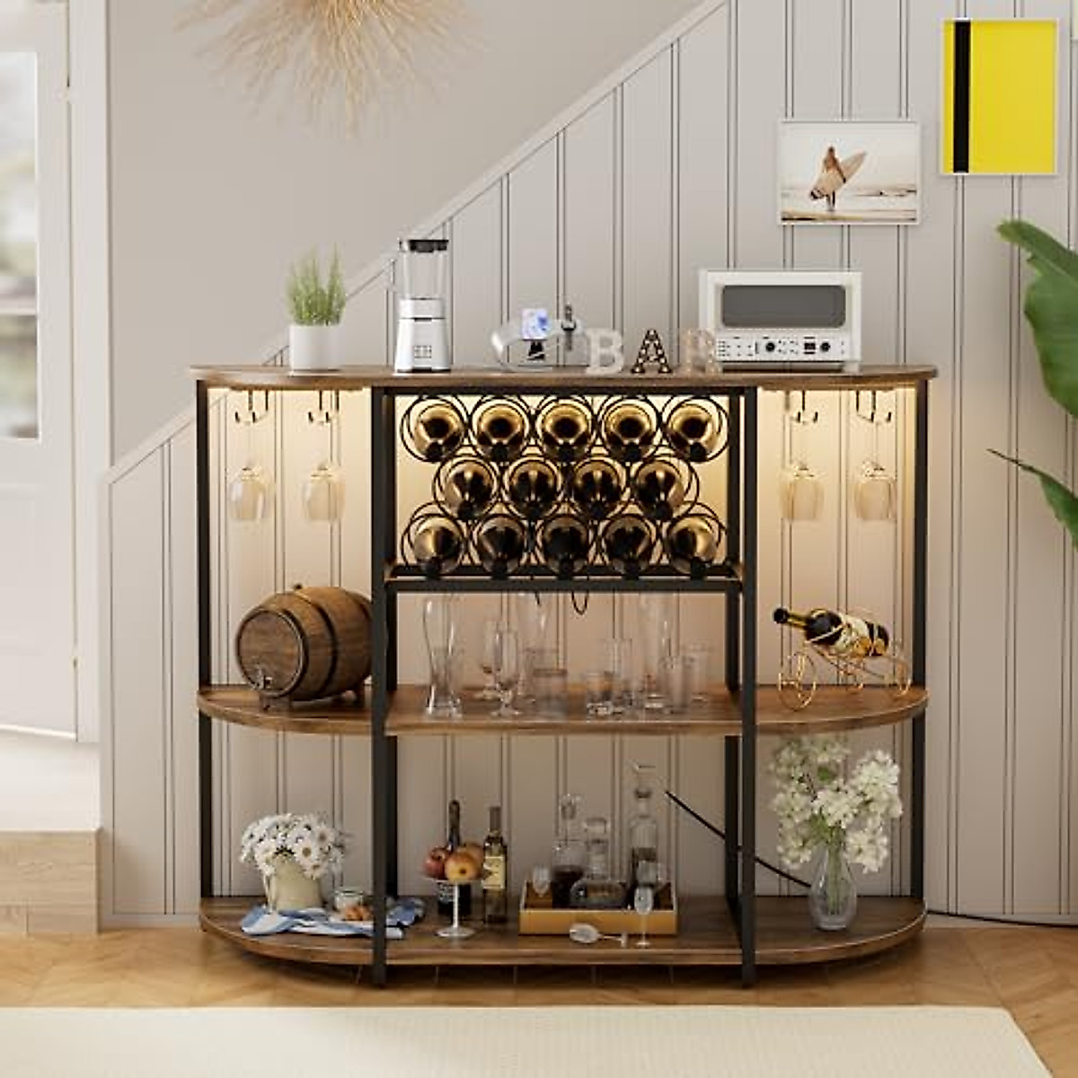 JUMMICO Wine Bar Cabinet with LED Light and Charging Station, Freestanding Wine Racks & Cabinet with 3 Tiers Storage Shelves and Footstands, Coffee Liquor Bar Cabinets for Home/Kitchen (Brown)