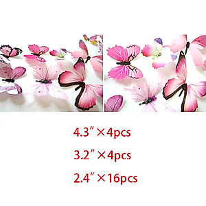 JYPHM 24PCS 3D Butterfly Wall Decal Removable Stickers Decor for Kids Room Decoration Home and Bedroom Art Mural Pink