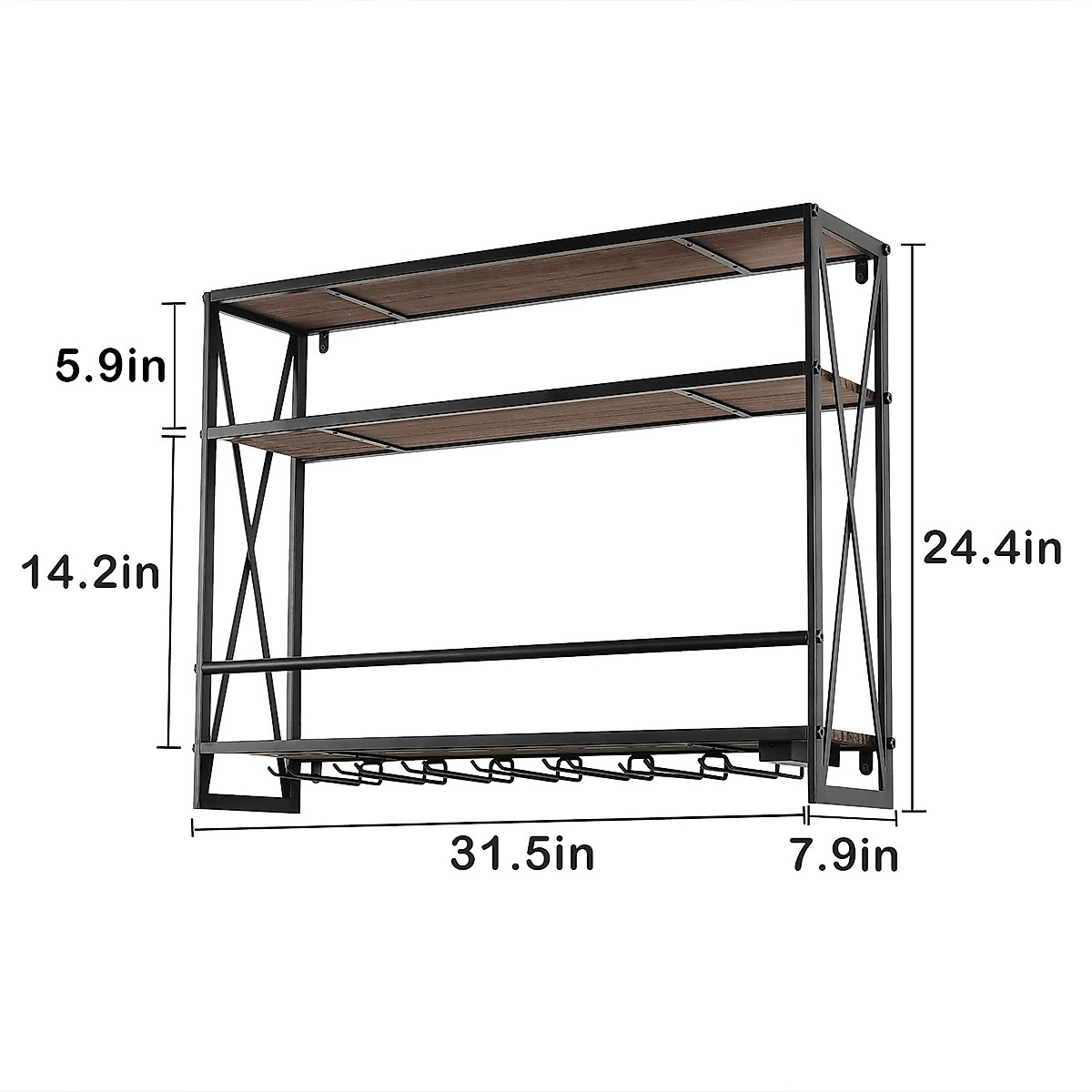 Fhons LED Wine Racks Wall Mounted, Remote Control and 7 Stem Wine Glass Holders, 31.5in Industrial Metal Hanging Wine Rack, Rustic Bottle Holder Glass Rack, 3-Tiers Bar Shelves for Home, Dining Room