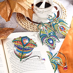 6 Pcs Diamond Painting Bookmarks Kit 5D DIY Feather Rhinestones Bookmark for Kids Adults PVC Art Bookmarks with Crystal Pendant for Crafts School Beginner Office Home, 6 Styles (Exotic)