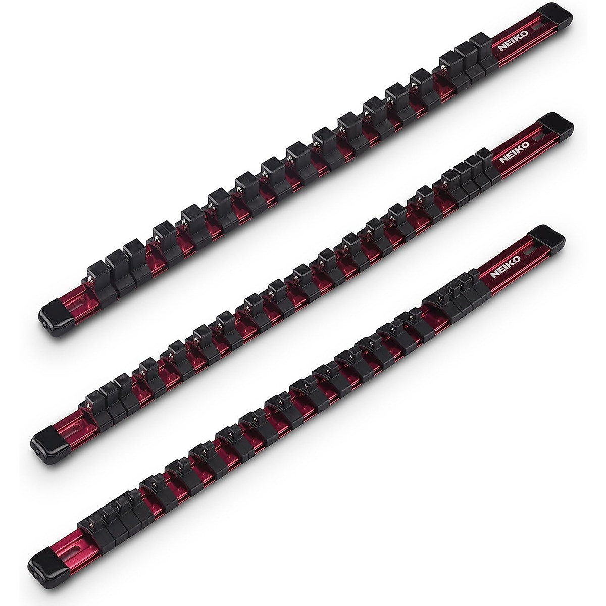 NEIKO 02454A Aluminum Socket Holder and Socket Organizer Tray for Toolboxes with Lightweight and Heavy-Duty Rails, 1/4-Inch, 3/8-Inch, and 1/2-Inch Drives, 3-Piece Socket Storage Set