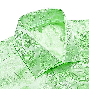 Hi-Tie Light Green Dress Shirt for Men Silk Long Sleeve Paisley Button Down Casual Muscle Fit Spread Collar Shirts 15