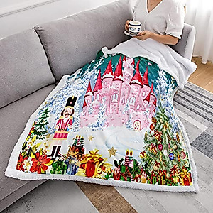 YIJIN Christmas Reversible Sherpa Fleece Blanket All Seasons Cozy,Cartoon Castle Winter Snowflakes Throw Blanket, Ultra Soft Warm Patterned Plush Blanket,Throw Size