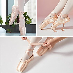 DoGeek Satin Pointe Shoes for Girls and Ladies Professional Ballet Dance Shoes with Ribbon for School or Home (Choose One Size Larger) Pink