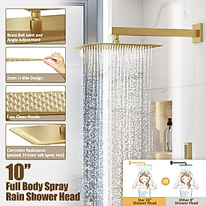 ESNBIA Gold Shower Head, Rainfall Shower System with 10 Inches Rain Shower Head, All Metal Shower Faucet Set with Shower Valve, Wall Mounted Shower Fixtures, Brushed Gold