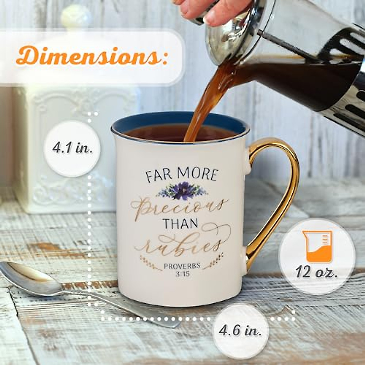 Christian Art Gifts Ceramic Coffee & Tea Mug for Women 12 oz Navy Blue Floral w/Gold Accents Inspirational Bible Verse Mug -More Precious than Rubies - Proverbs 3:15 Lead-free Scripture Cup