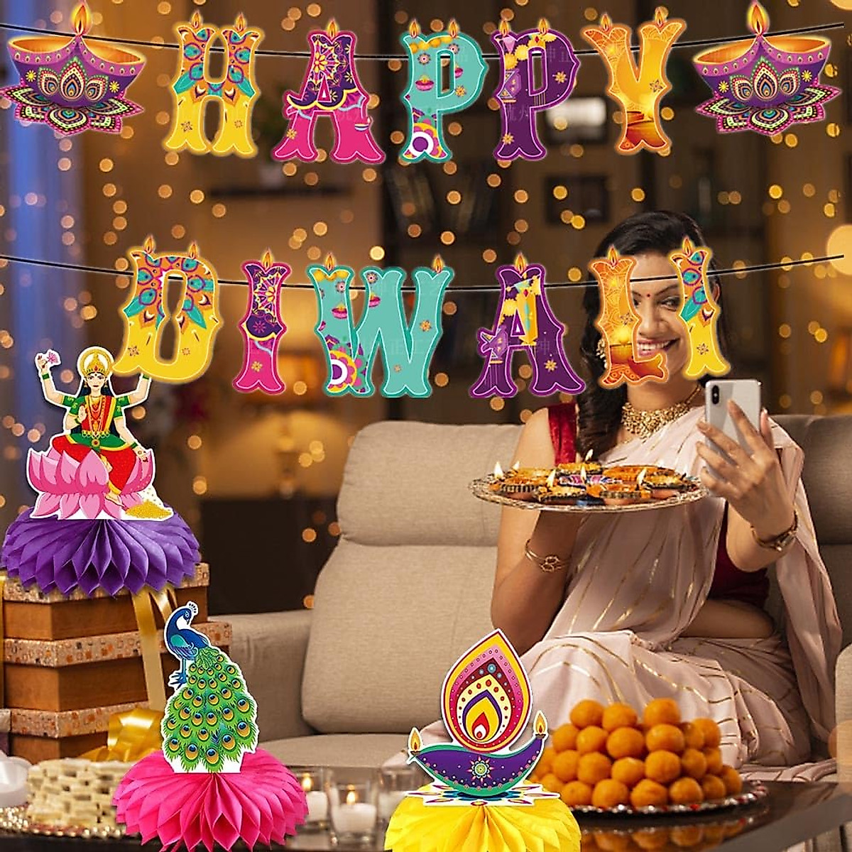 KYMY Happy Diwali Hanging Banner, Deepavali Rangoli Themed Hanging Pennants Wall Sign, Indian Festival of Lights Paper Cards Banner for India Festival Diwali Party Decorations