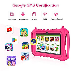 Kids Tablet, 7 inch Tablet for Kids 3GB RAM 32GB ROM, Android 12.0 Toddler Tablet with Dual Camera, WiFi, Bluetooth, Parental Control, Shockproof Case, YouTube, Netflix, Children Tablet for Toddlers