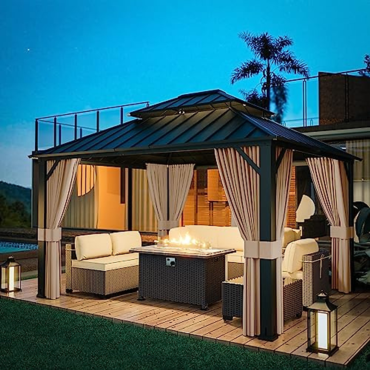 ASJMR 12x14ft Hardtop Gazebo Double Roof, Outdoor Pavilion with 2-Layer Hard top Galvanized Iron Frame Garden Tent, Suitable for courtyards, backyards, Decks, and Grass
