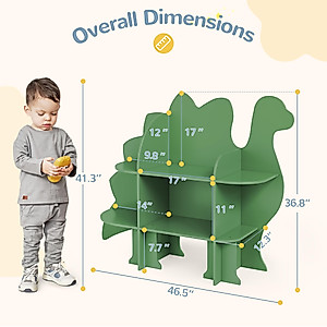 Curipeer Dinosaur Kids Bookshelf, 2-Tier Bookshelf for Kids, Baby Bookshelf and Toy Storage, Wooden Kids Bookcase, Toddler Book Shelf Organizer for Kids Rooms, Nursery, Bedroom, Playroom, Green