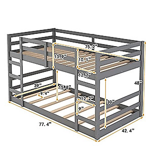 Low Bunk Beds Twin Over Twin Floor Bunk Bed Wood Bunkbed Frame for Kids Toddlers Boys Girls Teens’ Bedroom Dorm, Gray