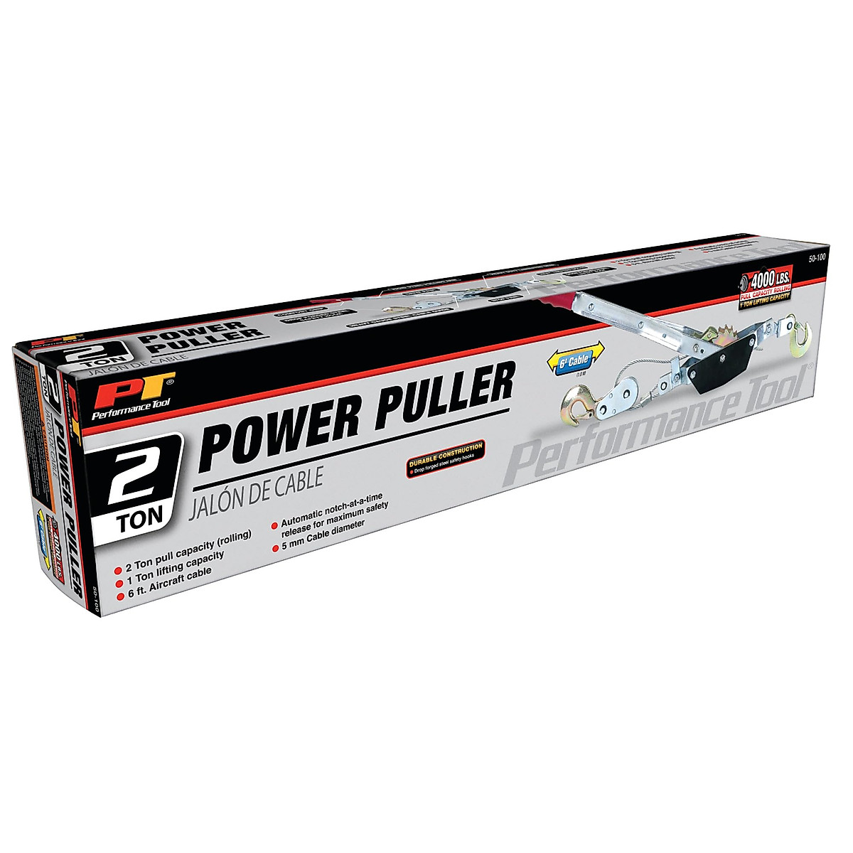 Performance Tool 50-100 Dual Gear Power Puller - 2 Ton Capacity Winch With 6' aircraft cable