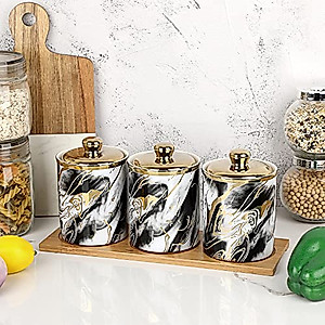 JUXYES Set of 3 Ceramic Canisters Set for Sugar Coffee Tea With Tray, Luxurious Storage Containers Sets with Lids Decorative Storage Pots Marble Ceramic Storage Jar for Kitchen Counter Dining Room