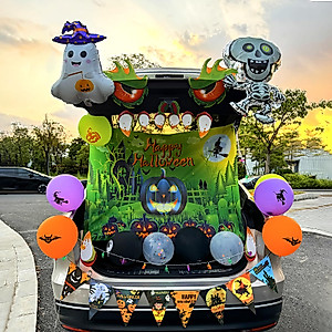 Vlipoeasn Halloween Trunk or Treat Car Decorations, Halloween Cute Scary Monsters PVC Stickers, Happy Halloween Pumpkin Banner, Balloons, Green Halloween Decor for Car Garage Door Entryway Archway