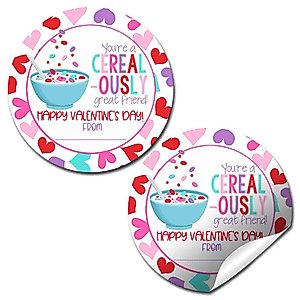 Great Friend Breakfast Cereal Themed Valentine Party Favor Sticker Labels for Kids, 40 2" Party Circle Stickers by AmandaCreation, Great for Classroom Valentines, Envelope Seals, Gifts, Treats