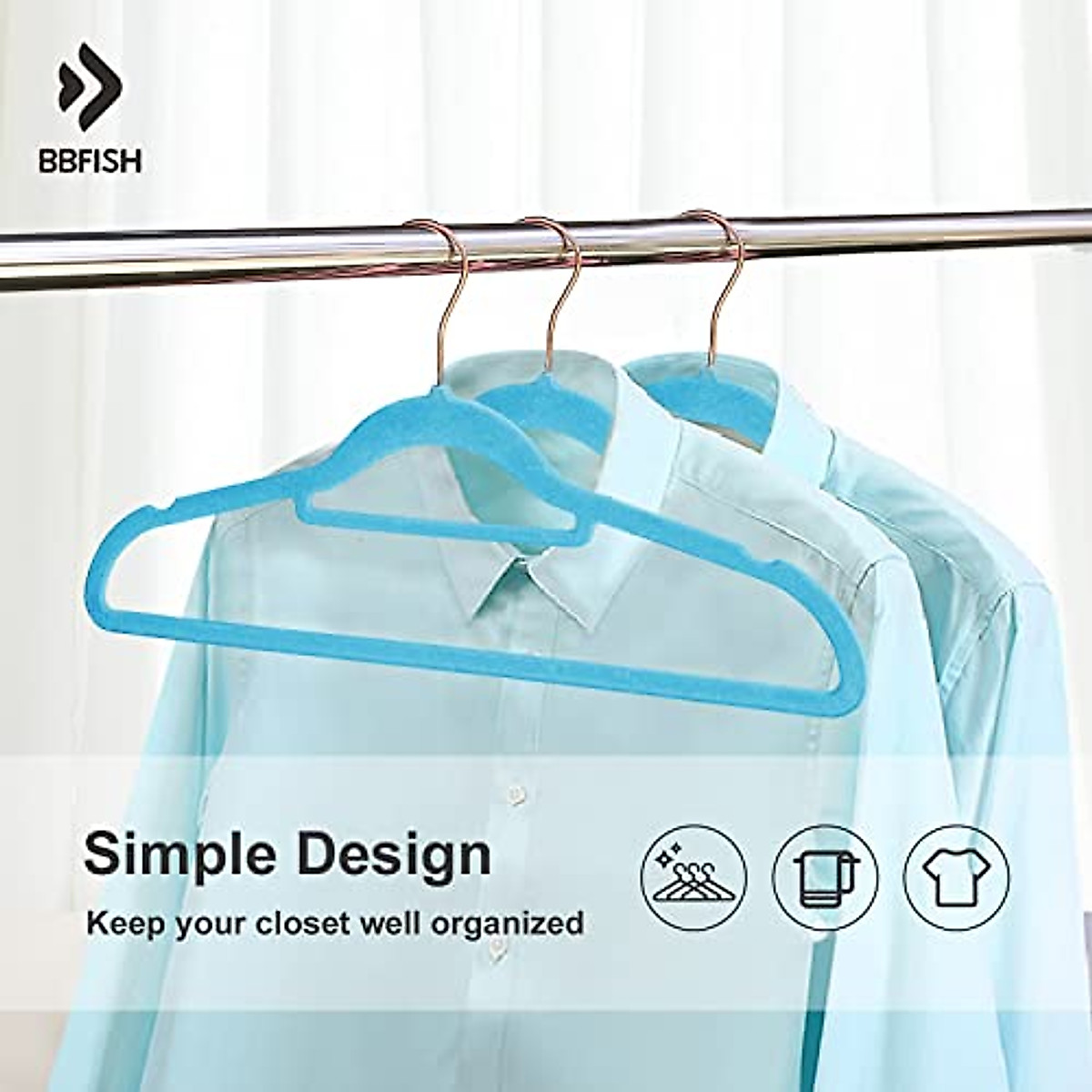 BBFISH Premium Velvet Suit Hangers 50 Pack Non Slip Clothes Hanger, 360 Degree Chrome Swivel Rose Gold Hook Strong and Durable Hold Up to 10 Lbs, Ultra Thin Coat Hangers (Sky Blue)