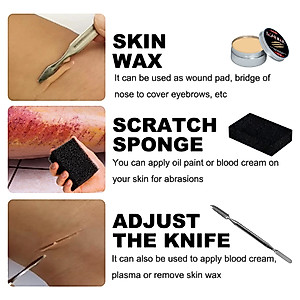 Halloween SFX Makeup Kit,Scars Wax,Fake Blood Gel,Fake Blood Spray,Spatula, Stipple Sponge,Scar Water,Create Fake Wound Special Effects Makeup Kit,Make Specail Effects For Halloween Festival & Party