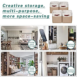 Jossens 11 Inch Fabric Baskets with Leather Handles,Foldable Cubes Storage Bins Set of 4 for Cube Organizer Home Toy Nursery Closet Bedroom(Khaki)