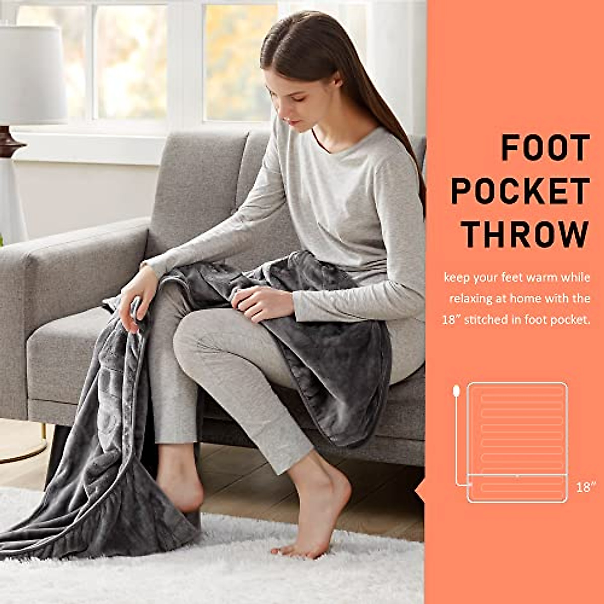 Heated Microplush Blanket with Foot Pocket - 3 Heat Settings, Auto Shut-Off, Machine Washable, Soft & Comfortable Electric Throw (50x62 inches, Grey)