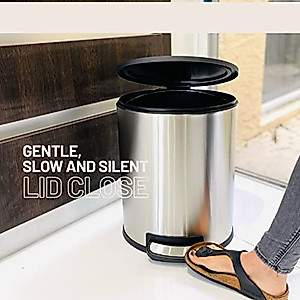 AWENN - Kitchen Garbage Trash Can with Lid and Pedal - Touchless Round Shape Waste Bin - Stainless Steel Dustbin with Removable Inner Bucket for and Outdoors – Gray (3.2 Gallon – 12 Liters)