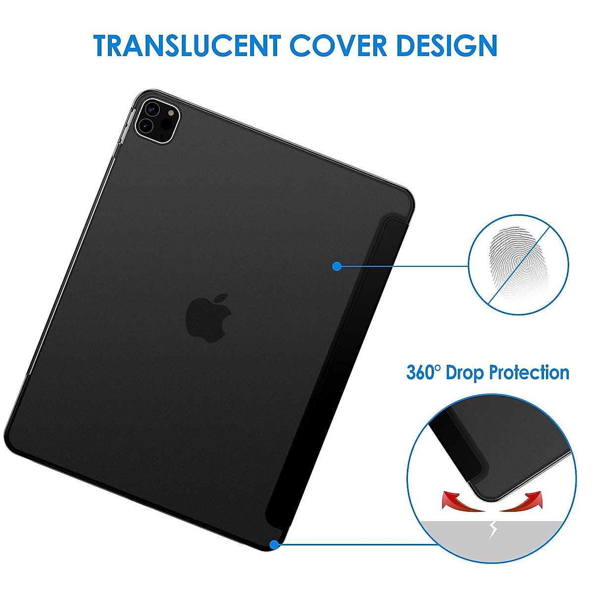 JETech Case for iPad Pro 12.9 Inch (3rd/4th Generation, 2018/2020 Model), Support Pencil Charging, Slim Stand Hard Back Shell Smart Cover Auto Sleep/Wake (Black)