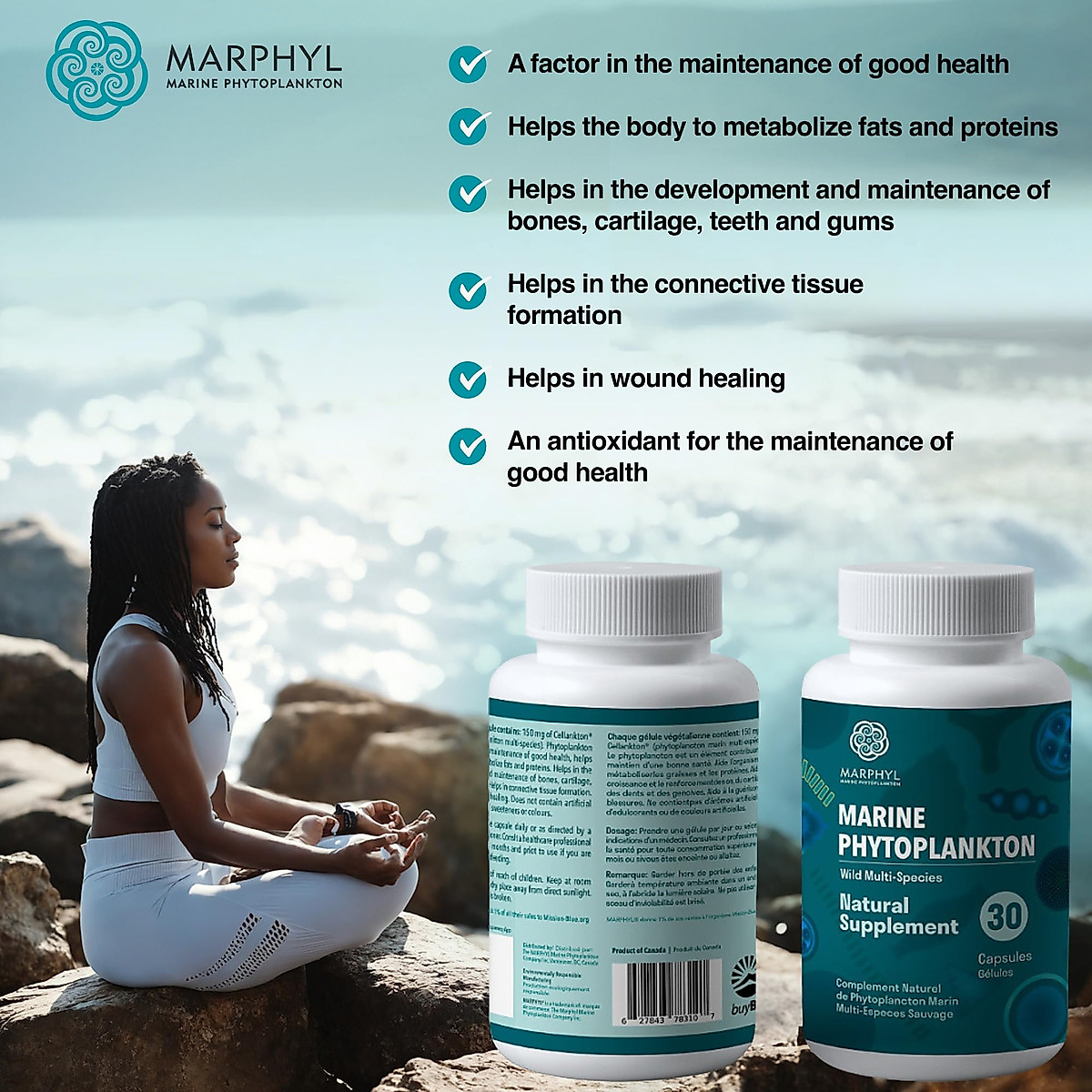 MARPHYL Marine Phytoplankton Wild Multi Species Natural Supplement - 150 mg per capsule - organic - 30 vegan capsules - from Vancouver Island, Canada