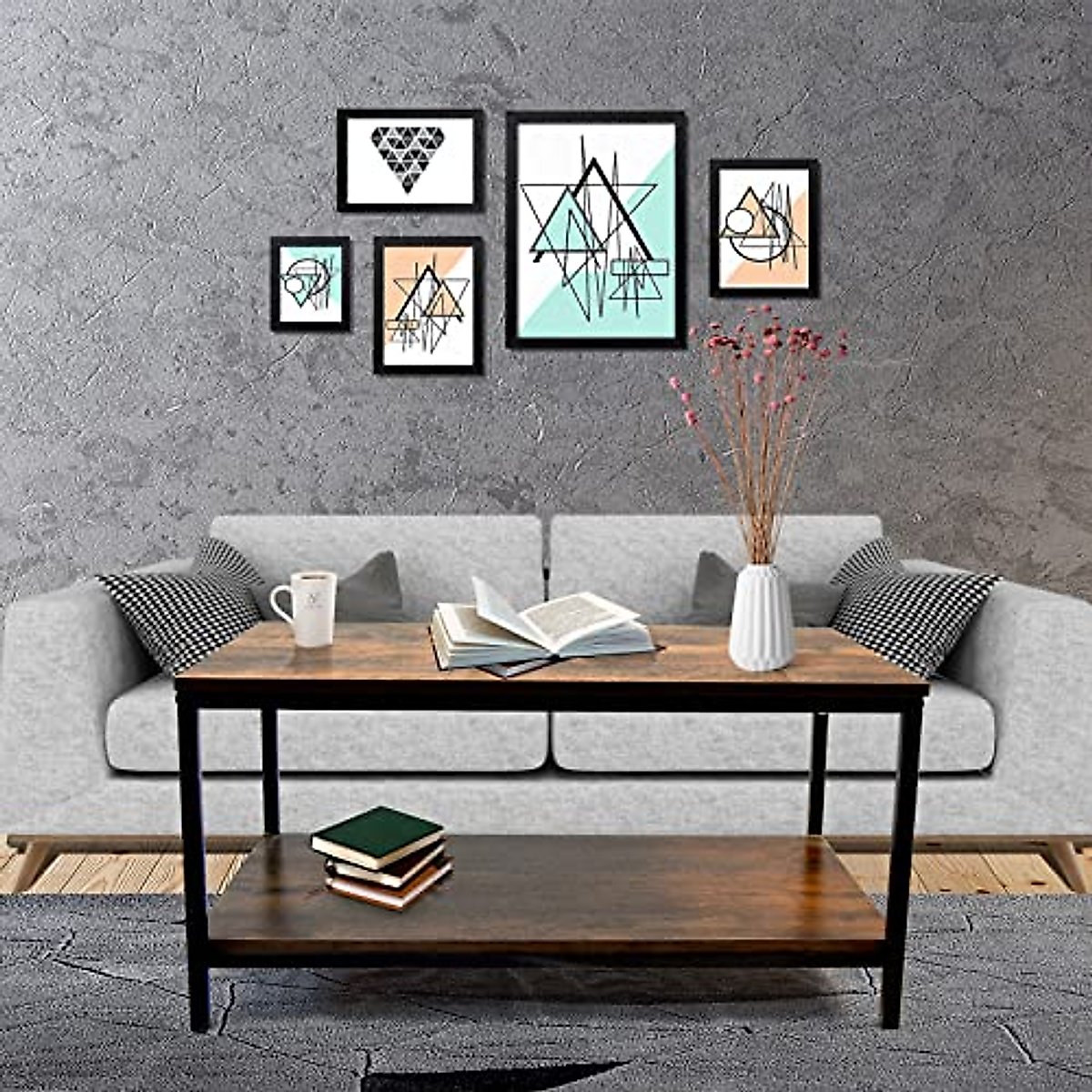 SENIG Coffee Table, Small Coffee Table for Living Room, Coffee Tables with Storage Shelf，Brown Coffee Tables for Small Spaces, Rectangle Wood Table Metal Side End Table, Center Table for Living Room