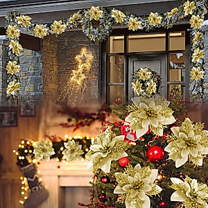 15 PCS Gold Poinsettia Flower Artificial Poinsettia with Clips Christmas Decor Glitter Poinsettia Christmas Ornaments Christmas Tree Flower Decorations with Stems DIY Xmas Wreath Holiday Party Decor