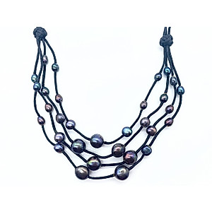 Peacock Black Pearl Bib on Black Leather Cord