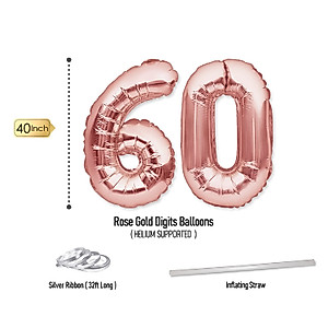 PartyForever 60th Birthday Decorations for Women Rose Gold Supplies Big Set Including Birthday Banner with 60 and Fabulous Sash for Her Sixty Bday Theme Party Decor