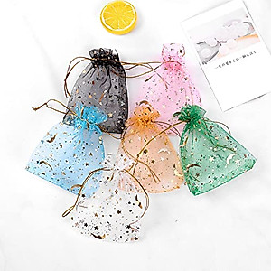 Jtuxcke 100PCS White and Gold Organza Bags, 5x7 Hot Stamping Star and Moon Pattern Wedding Gift Bag Organza Gifts Bags Candy Pouch with Drawstring for Wedding Party Christmas