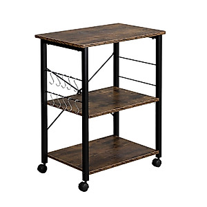 WEI WEI GLOBAL 3-Tier Kitchen Baker’s Rack, Microwave Stand Rolling Serving Cart, Industrial Storage Shelf Organizer w/ 10 Hooks & Wheels-Black Metal Frame, Rustic Brown