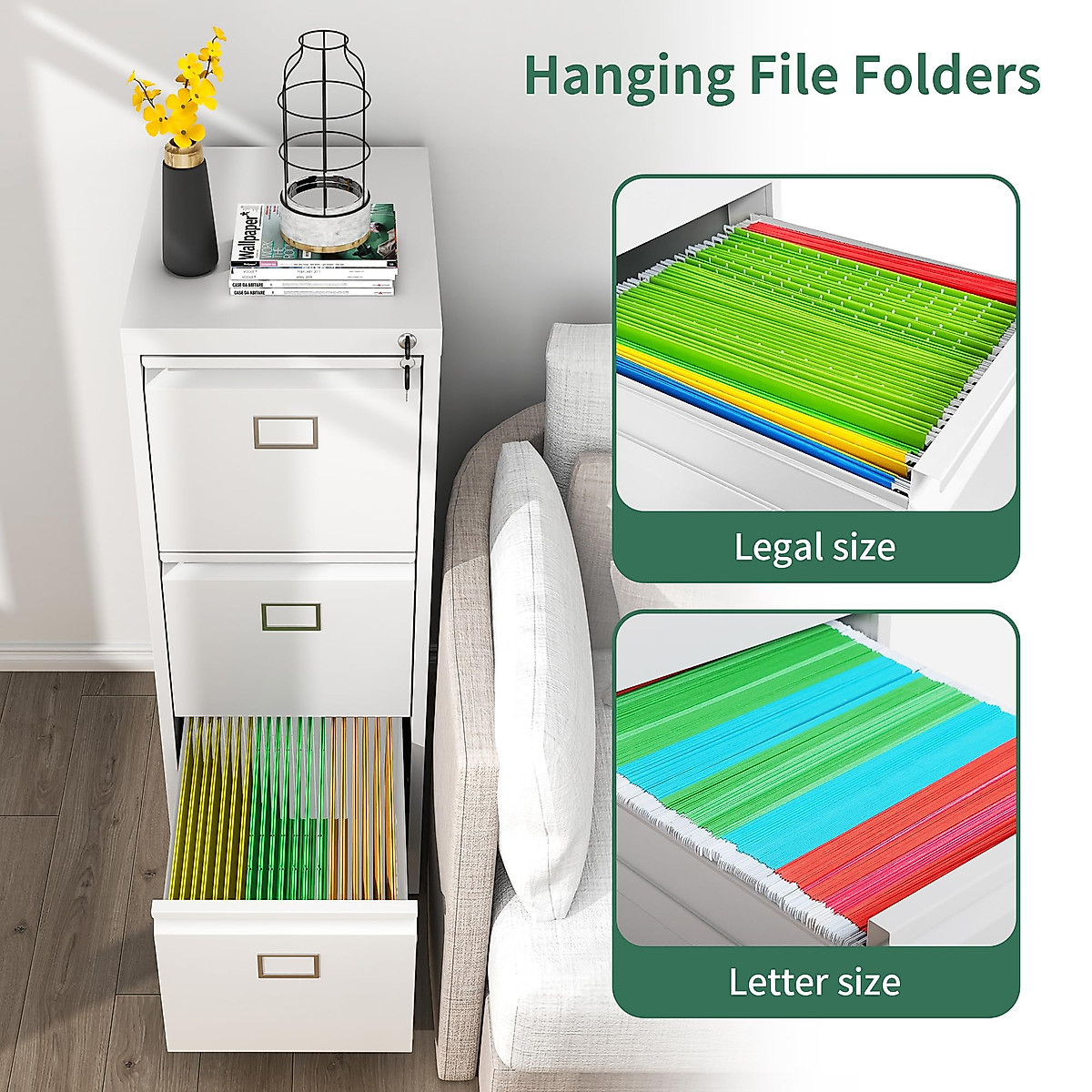 VIYET 3 Drawer File Cabinet, Metal Vertical File Cabinets with Lock for Home Office, Office Steel Filing Cabinet for Hanging Files for A4/ Legal/Letter,Assembly Required (White)