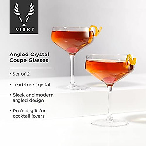 Viski Raye Angled Stemmed Crystal Coupe Cocktail glassess, Champagne Coupe Glasses, Drinkware Set, Espresso Martini glasses set of 2, 7oz