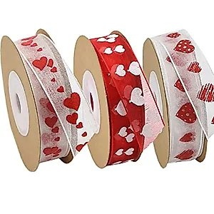 Valentine's Day Ribbons Love Heart Ribbon for Gift Wrapping Crafts Wedding 3 Rolls (Red & White*2)
