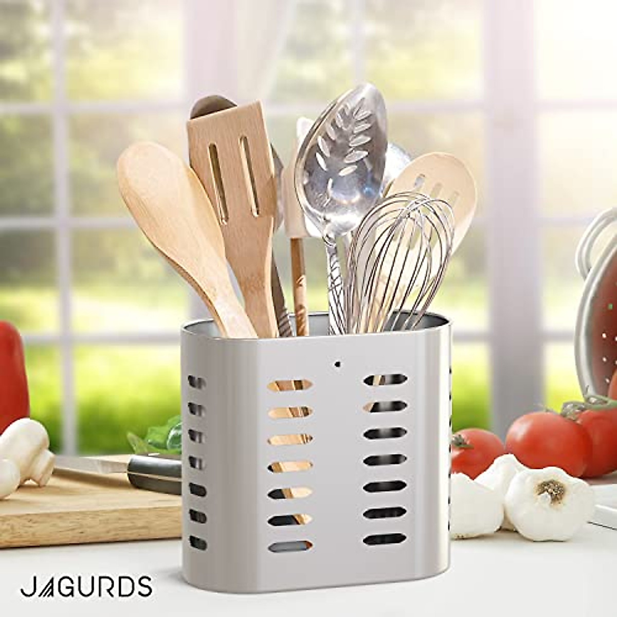 JAGURDS Stainless Steel Kitchen Utensil Holder for Countertop - Spoon and Fork Holder Silverware Caddy - Hanging Utensil Holder (1 pc - Stainless Steel Mirror Finish)