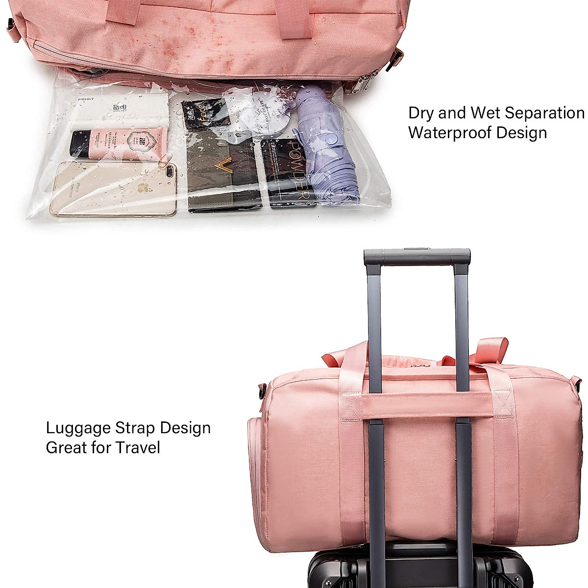 HOKEMP Sports Gym Bag Travel Duffel Weekender Bag Shoe Compartment with Wet Pocket for Men and Women (Pink)