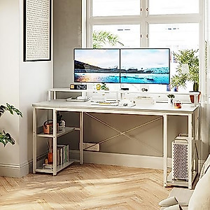 ODK 63 inch Computer Desk with Monitor Shelf and Storage Shelves, Gaming Desk, Study Table with CPU Stand & Reversible Shelves, White