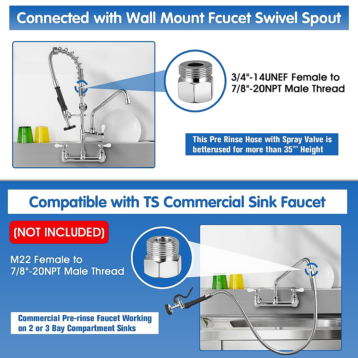 44” Stainless-Steel Pre Rinse Hose with Heat Resistant Black Handle for Commercial Kitchen Sink Faucet Dish Washing Sprayer Hose Replacement Kit