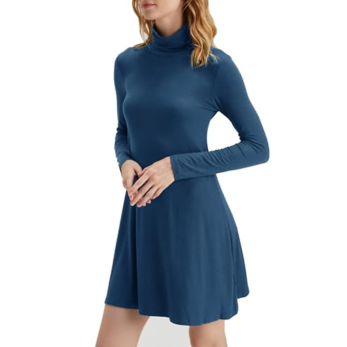 KEEDONE Women's Long Sleeve Turtleneck Casual Loose T-Shirt Dresses (S Elegant Blue)
